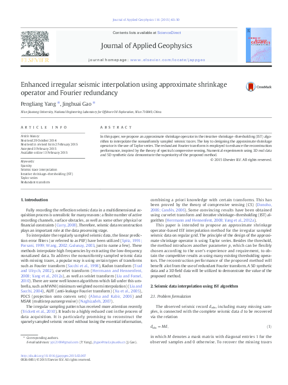 (PDF) Enhanced irregular seismic interpolation using approximate shrinkage and Fourier redundancy