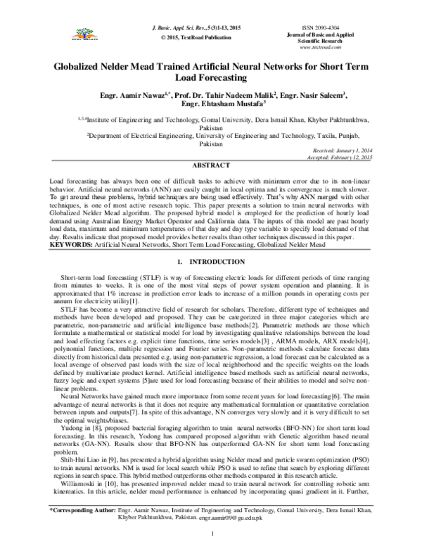 (PDF) Globalized Nelder Mead Trained Artificial Neural Networks for Short Term Load Forecasting