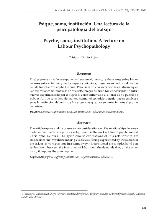 (PDF) Psique, soma, institución. Una lectura de la psicopatología del trabajo Psyche, soma ...
