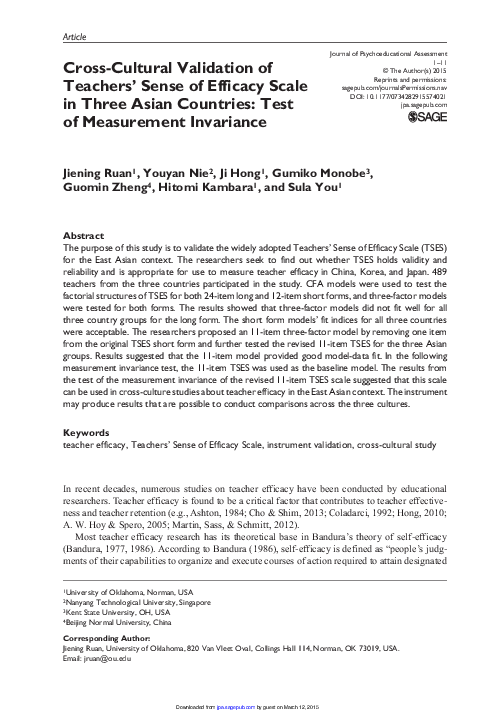 Pdf Cross Cultural Validation Of Teachers Sense Of Efficacy Scale In Three Asian Countries