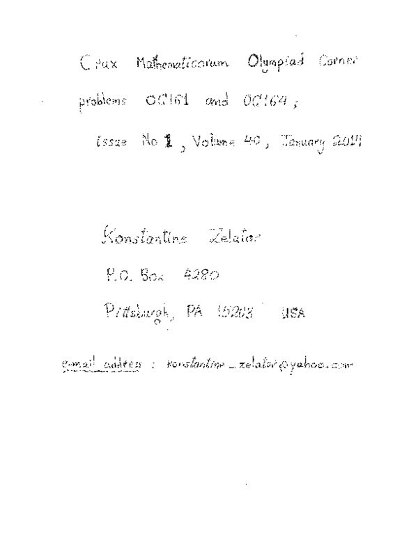 (PDF) Crux Mathematicorum Olympiad Corner problems OC161 and OC164 ; issue No1, Volume 40 ...