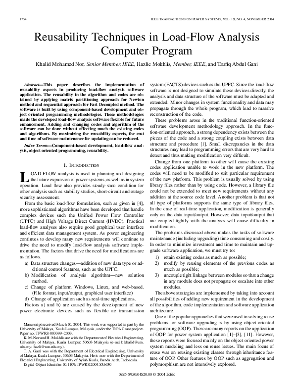 Reusability techniques in load-flow analysis computer program