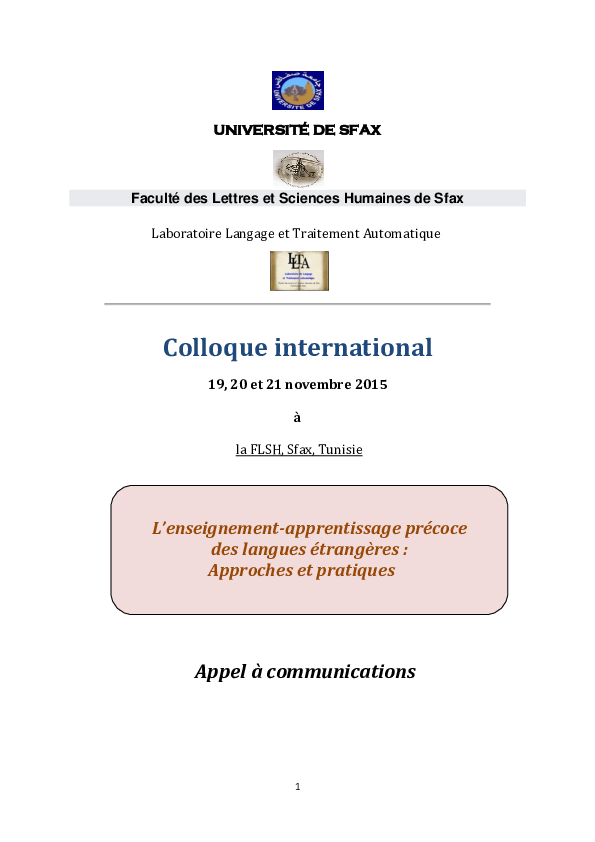 (PDF) Colloque international, Sfax, Tunisie (19, 20 et 21 novembre 2015)