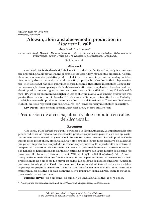 (PDF) Aloesin, aloin and aloe-emodin production in Aloe vera L. calli