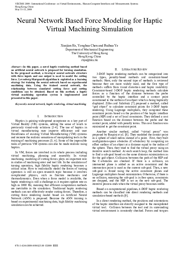 Pdf Neural Network Based Force Modeling For Haptic Virtual Machining Simulation