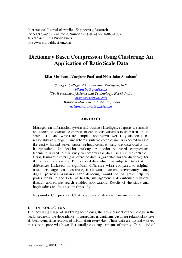 Pdf Dictionary Based Compression Using Clustering An Application Of Ratio Scale Data