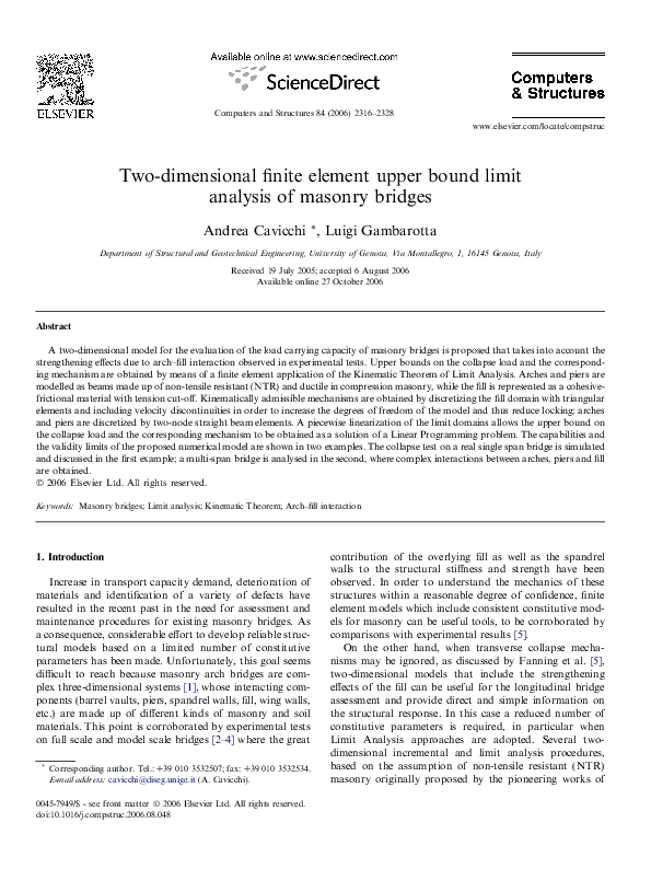 (PDF) Two-dimensional finite element upper bound limit analysis of masonry bridges