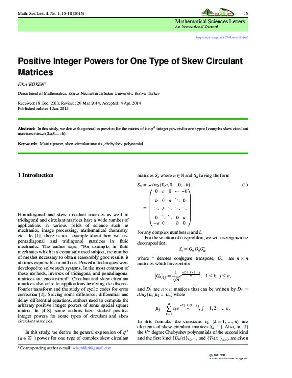 (PDF) Powers of Complex Skew Circulant Matrices