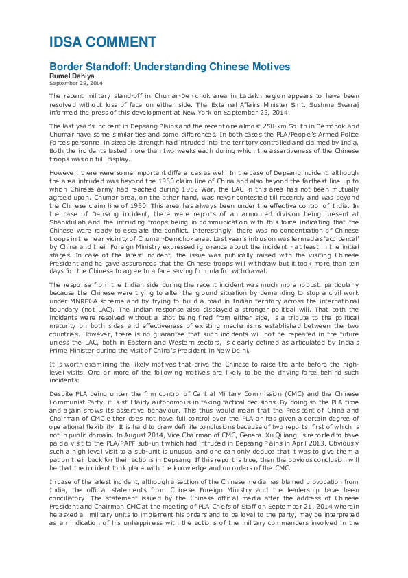 (PDF) Border Standoff: Understanding Chinese Motives