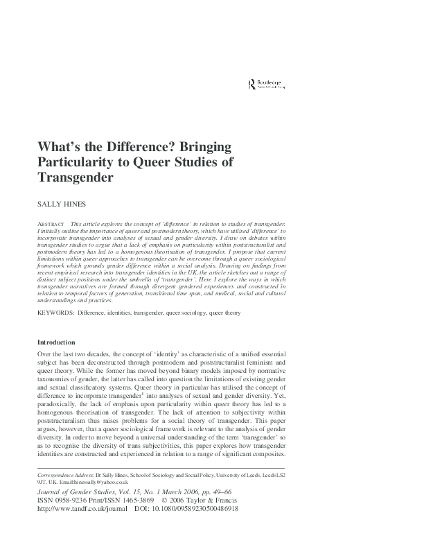 (PDF) What's the Difference?: Bringing Particularity to Queer Studies ...
