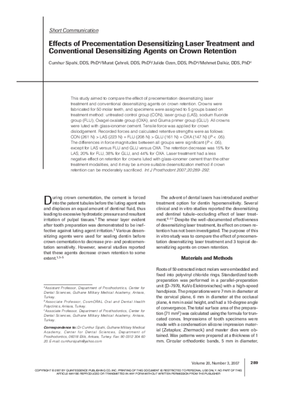 (PDF) Effects of Precementation Desensitizing Laser Treatment and ...