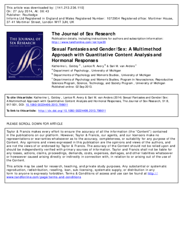 Sexual Fantasies And Gendersex Integrating Quantitative Content Analysis And Hormonal Responses 0973