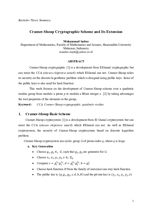 (PDF) Cramer-Shoup Cryptographic Scheme and Its Extension (Bachelor Thesis Summary)