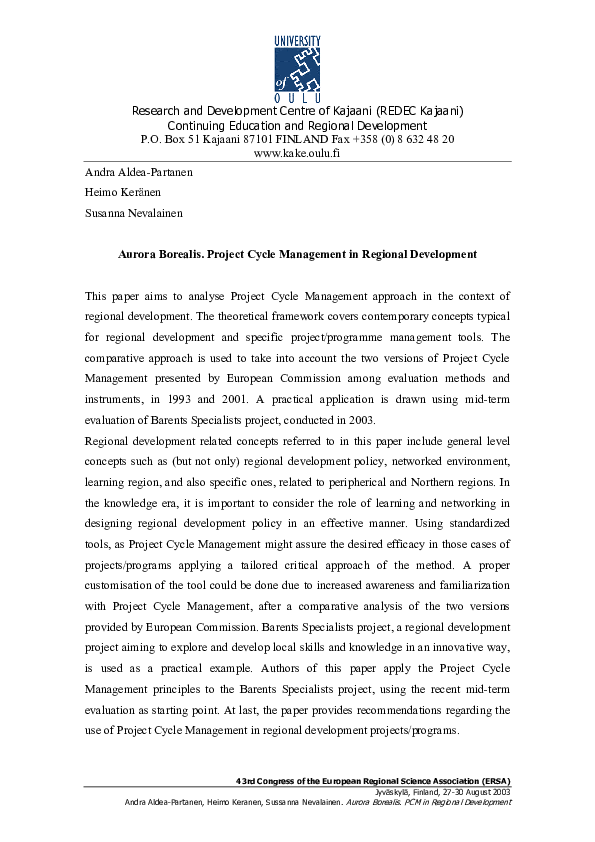 (PDF) Aurora Borealis. Project Cycle Management in Regional Development