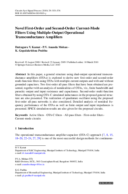 Pdf Novel First Order And Second Order Current Mode Filters Using