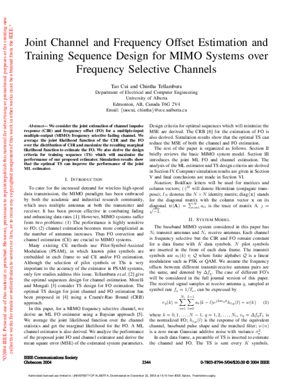 (PDF) Joint Channel and Frequency Offset Estimation and Training Sequence Design for MIMO ...