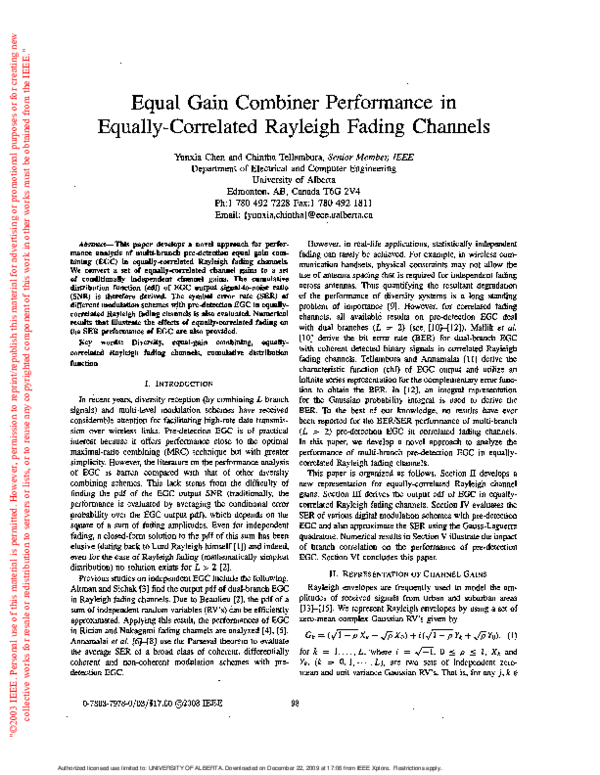 (PDF) Equal Gain Combiner Performance in Equally-Correlated Rayleigh Fading Channels