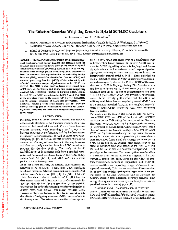 (PDF) The Effects of Gaussian Weighting Errors in Hybrid SC/MRC Combiners