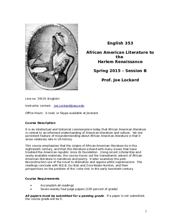 (DOC) English 353: African American Literature to the Harlem ...