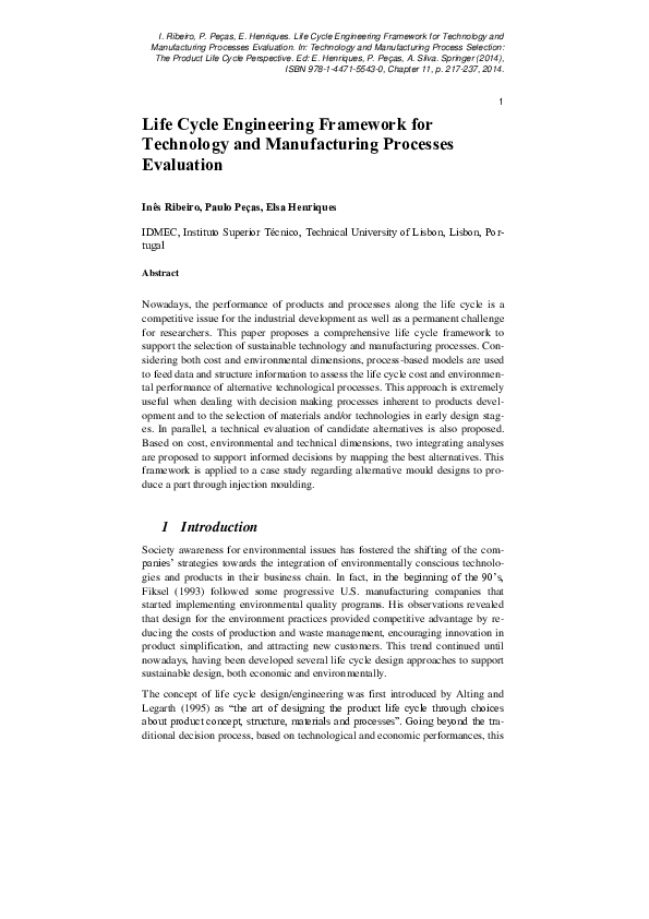 (PDF) Life Cycle Engineering Framework for Technology and Manufacturing ...