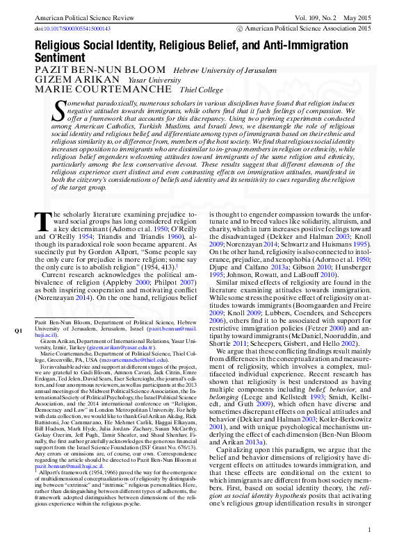 (PDF) Religious Social Identity, Religious Belief, and Anti-Immigration ...