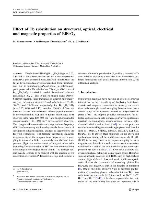 (PDF) Effect of Tb substitution on structural, optical, electrical and magnetic properties of BiFeO3
