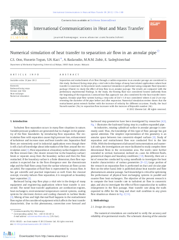 Pdf Numerical Simulation Of Heat Transfer To Separation Air Flow In An Annular Pipe