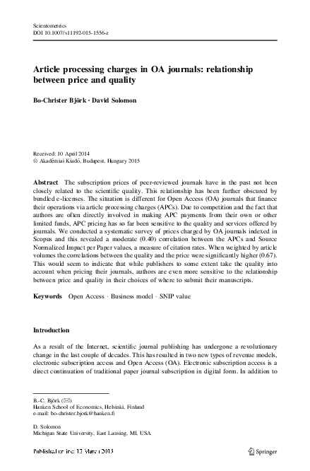 (PDF) Article processing charges in OA journals: relationship between ...