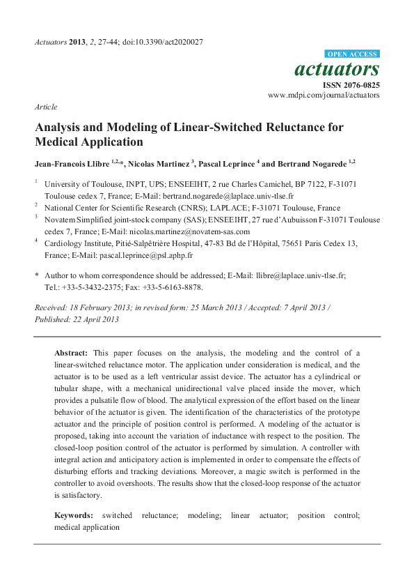 Pdf Analysis And Modeling Of Linear Switched Reluctance For Medical Application