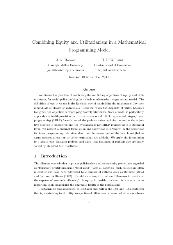 (PDF) Combining equity and utilitarianism in a mathematical programming ...