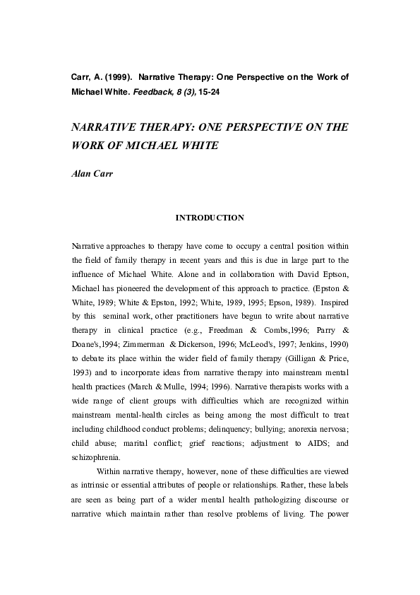 (PDF) Carr, A. (1999). Narrative Therapy: One Perspective on the Work ...
