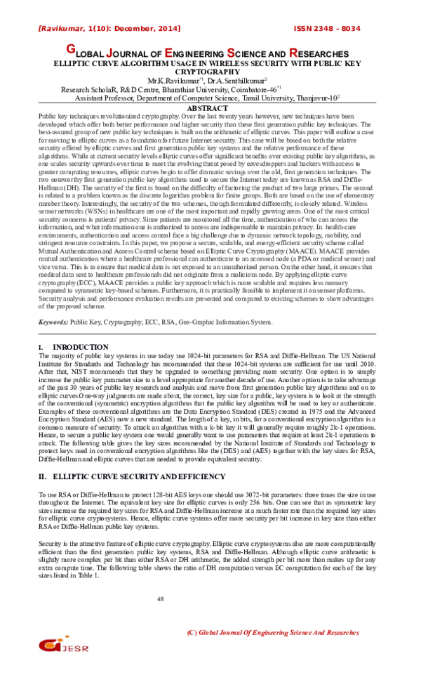 Elliptic Curve Algorithm Usage In Wireless Security With Public Key Cryptography Gjesr Journal