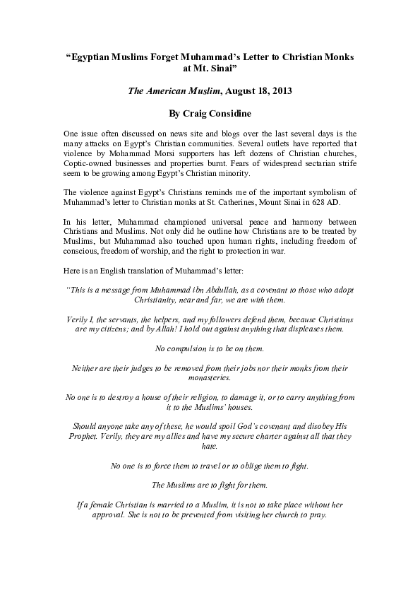 (PDF) Egyptian Muslims forget Muhammad’s letter to Christian monks at ...