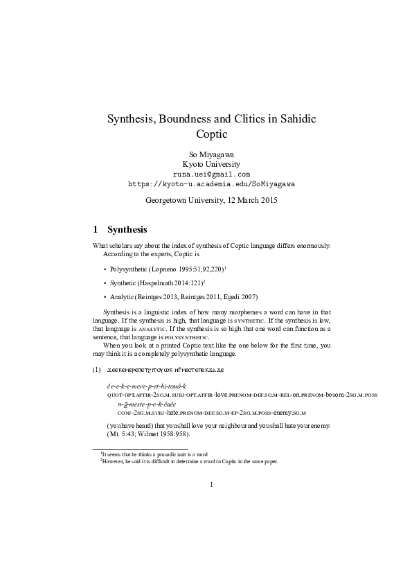 (PDF) Miyagawa, So. (2015). Synthesis, Boundness and Clitics in Sahidic ...