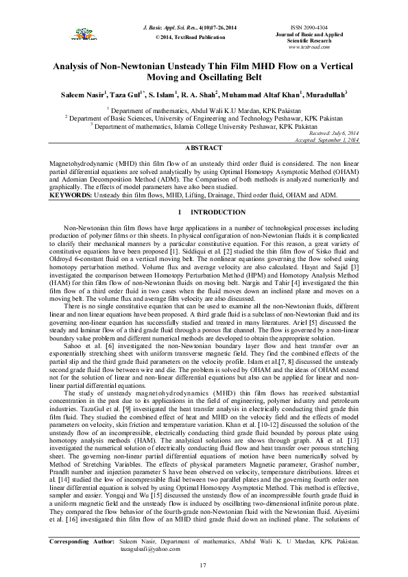 (PDF) Analysis of Non-Newtonian Unsteady Thin Film MHD Flow on a Vertical Moving and Oscillating ...