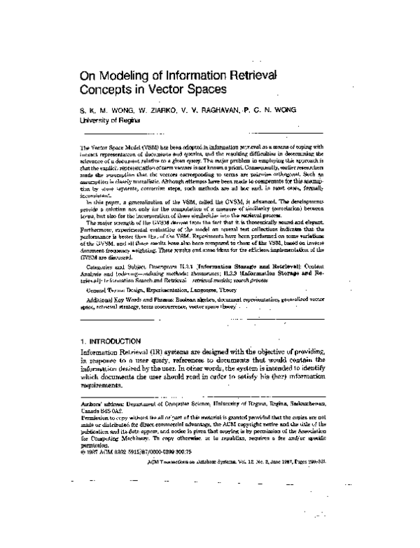 Pdf On Modeling Of Information Retrieval Concepts In Vector Spaces