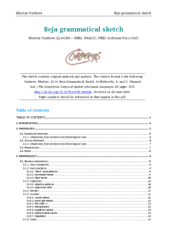 (PDF) 2014. Beja grammatical sketch