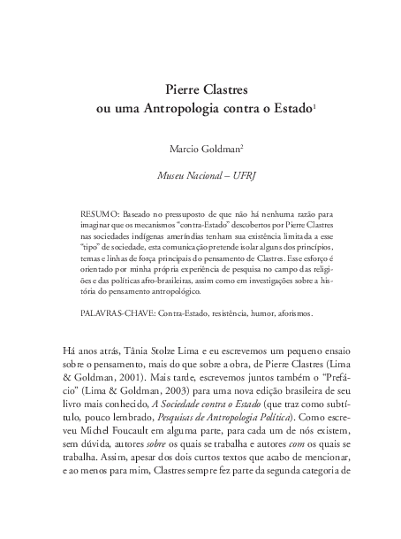 (PDF) Pierre Clastres ou uma Antropologia contra o Estado