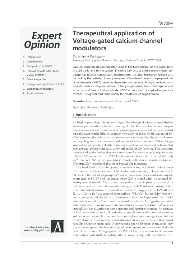 (PDF) Therapeutical application of voltage-gated calcium channel modulators
