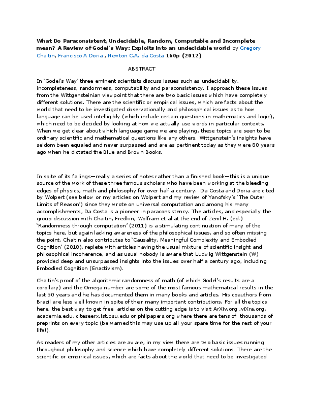 Pdf What Do Paraconsistent Undecidable Random Computable And Incomplete Mean A Review Of
