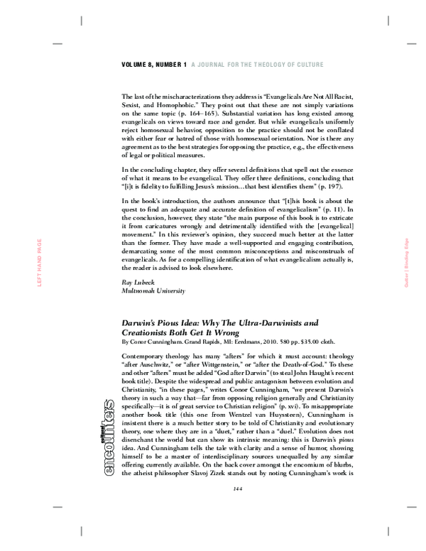 (PDF) Book Review: Conor Cunningham, Darwin's Pious Idea: Why the Ultra ...