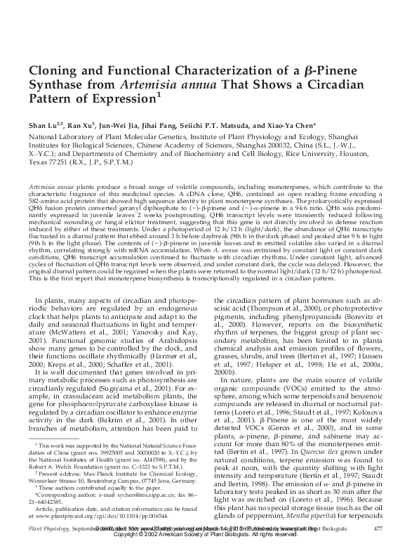 (PDF) Cloning and Functional Characterization of a Pinene Synthase from Artemisia annua That ...