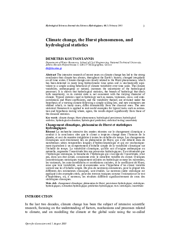 (PDF) Climate change, the Hurst phenomenon, and hydrological statistics