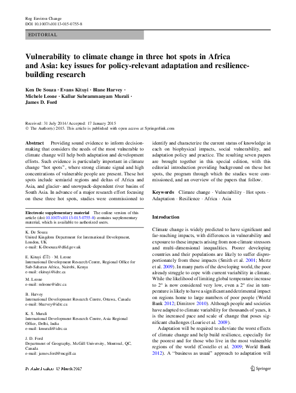 (PDF) Vulnerability to climate change in three hot spots in Africa and ...