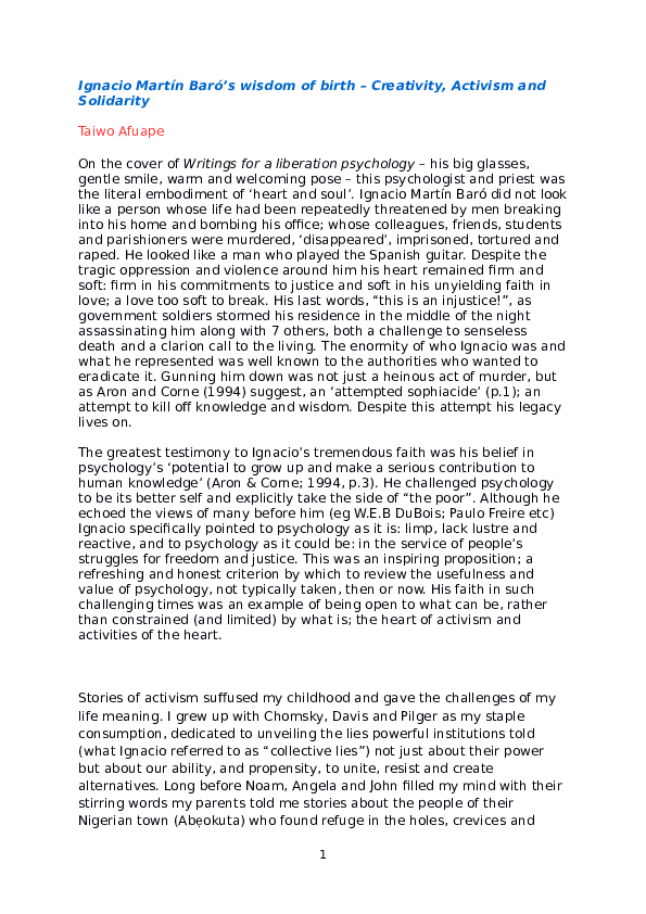 (PDF) Ignacio Martín Baró’s wisdom of birth – Creativity, Activism and ...