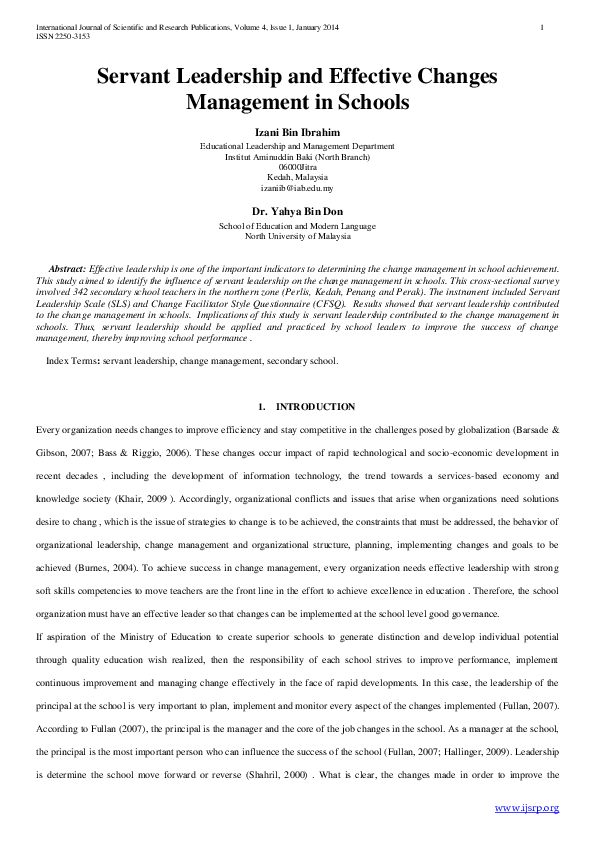 (PDF) Servant Leadership and Effective Changes Management in Schools