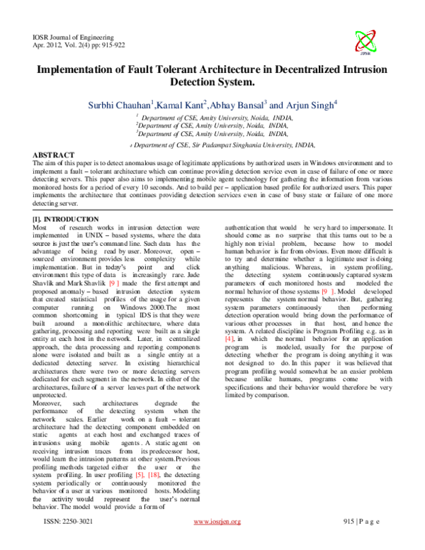 (PDF) Implementation of Fault Tolerant Architecture in Decentralized Intrusion Detection System