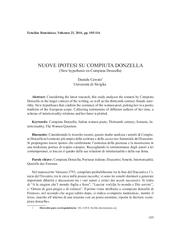 (PDF) Nuove ipotesi su Compiuta Donzella, Estudios románicos, ISSN 0210 ...