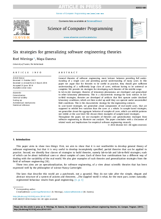 Six strategies for generalizing software engineering theories