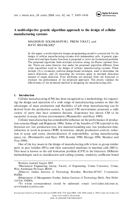 Pdf A Multi Objective Genetic Algorithm Approach To The Design Of Cellular Manufacturing Systems